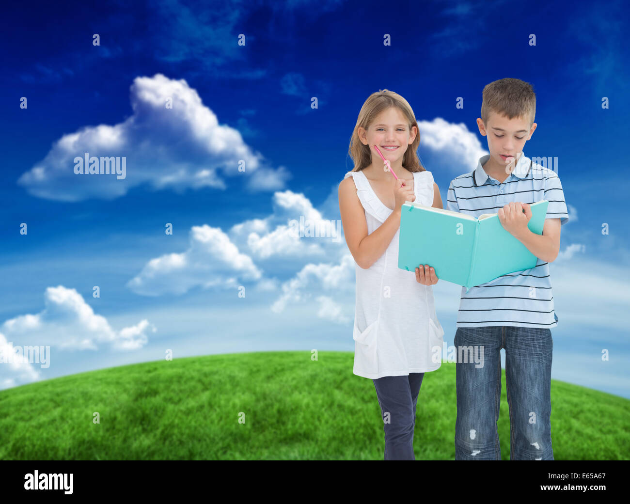 Composite image of brother and sister learning their lesson together ...
