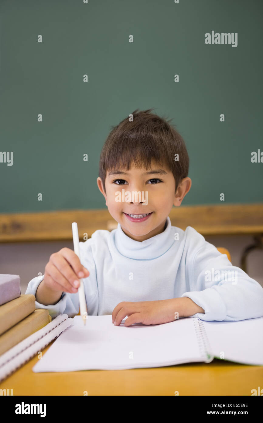Happy pupil smiling at camera at desk Stock Photo - Alamy