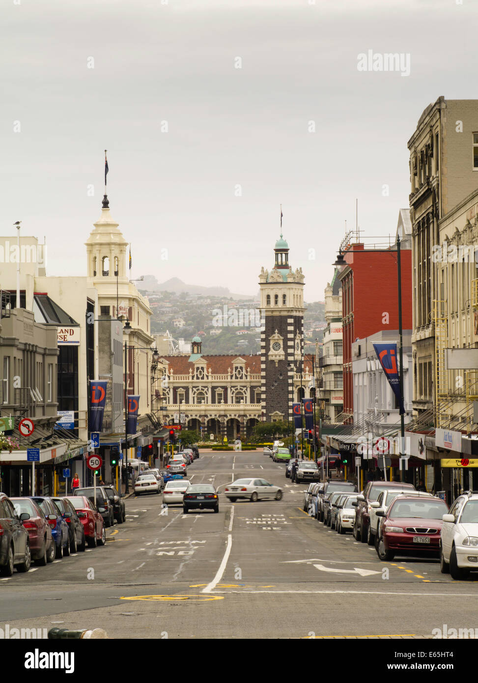 A view down Stuart Street from The Octagon, Dunedin, New Zealand Stock ...