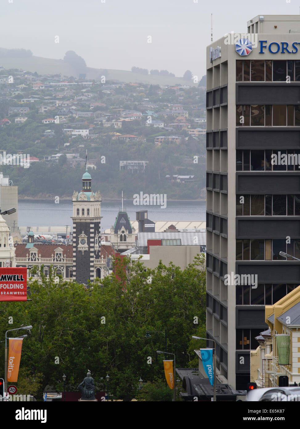 A view down Stuart Street from above The Octagon, Dunedin, New Zealand ...