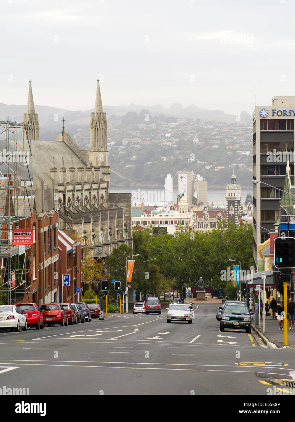 A view down Stuart Street from above The Octagon, Dunedin, New Zealand ...