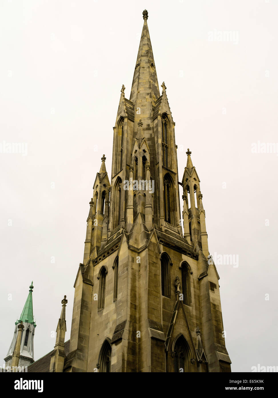 Detail of the tower of First Church of Otago, Dunedin, New Zealand ...