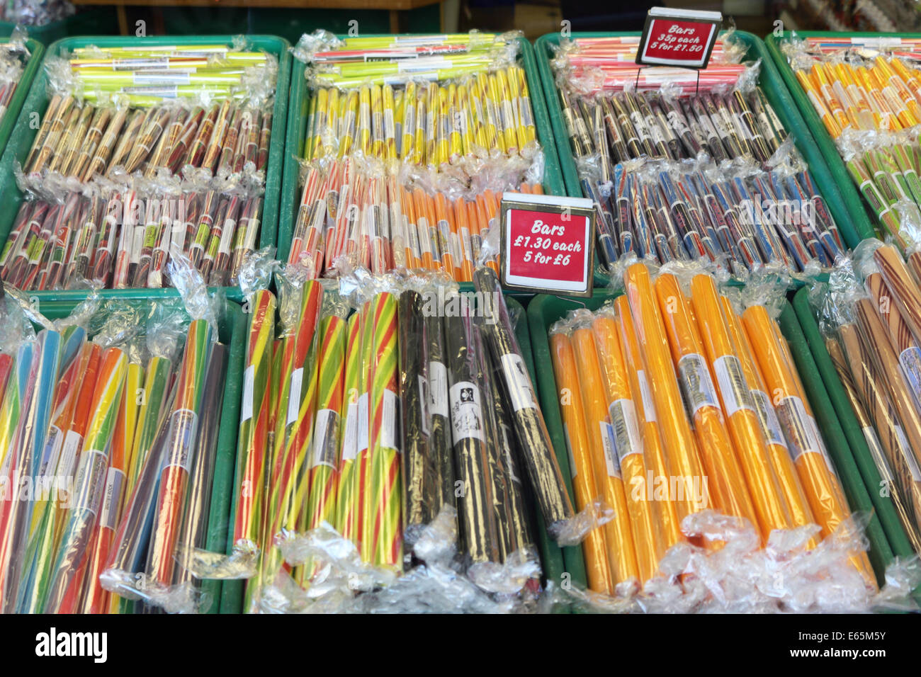 Sticks of rock in sweet shop, Whitby, North Yorkshire, England, UK ...