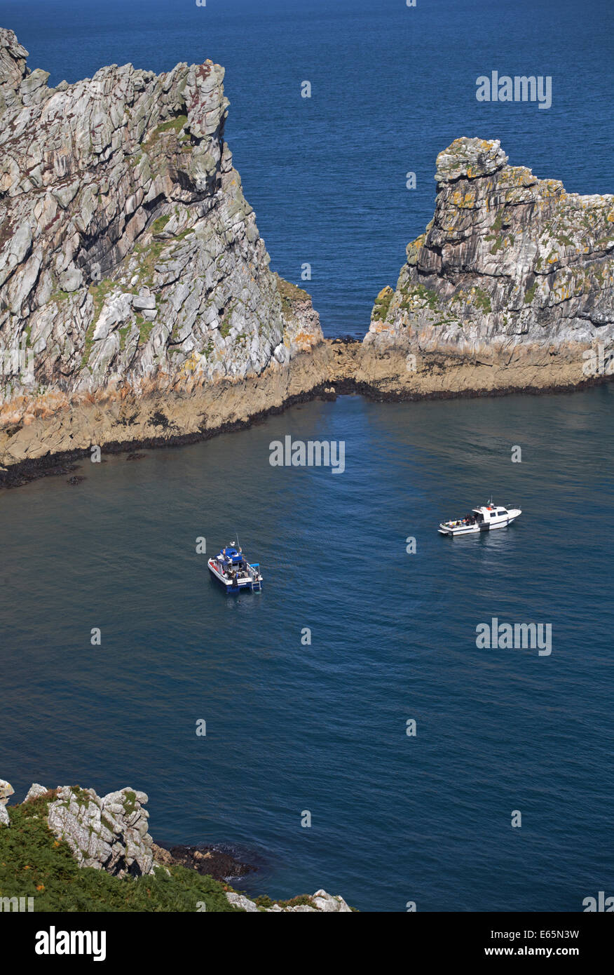 diving boats visiting the east coast of Lundy Island, Devon, England UK ...