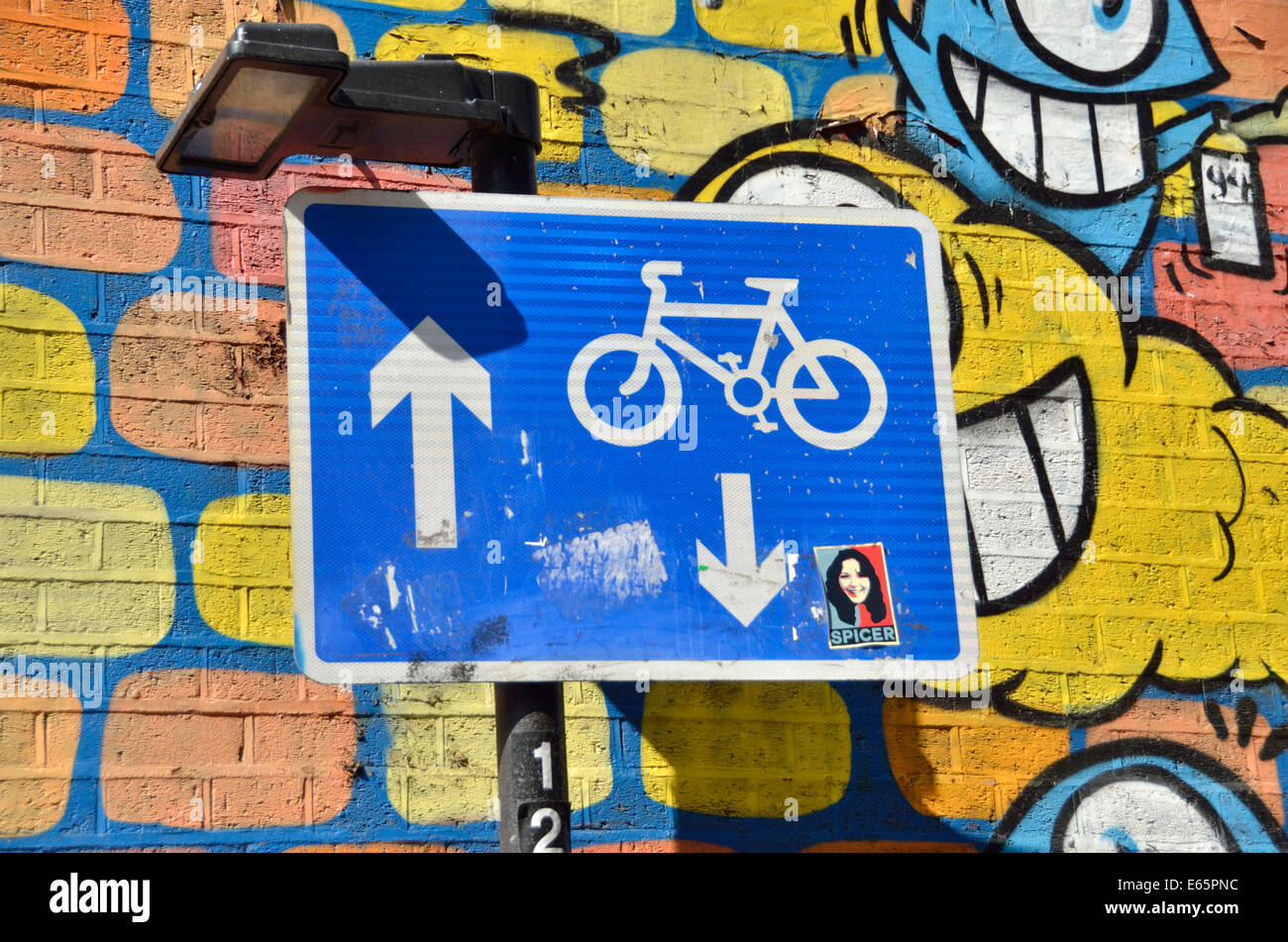 UK road sign for contra-flow pedal cycles in a one-way street Stock ...