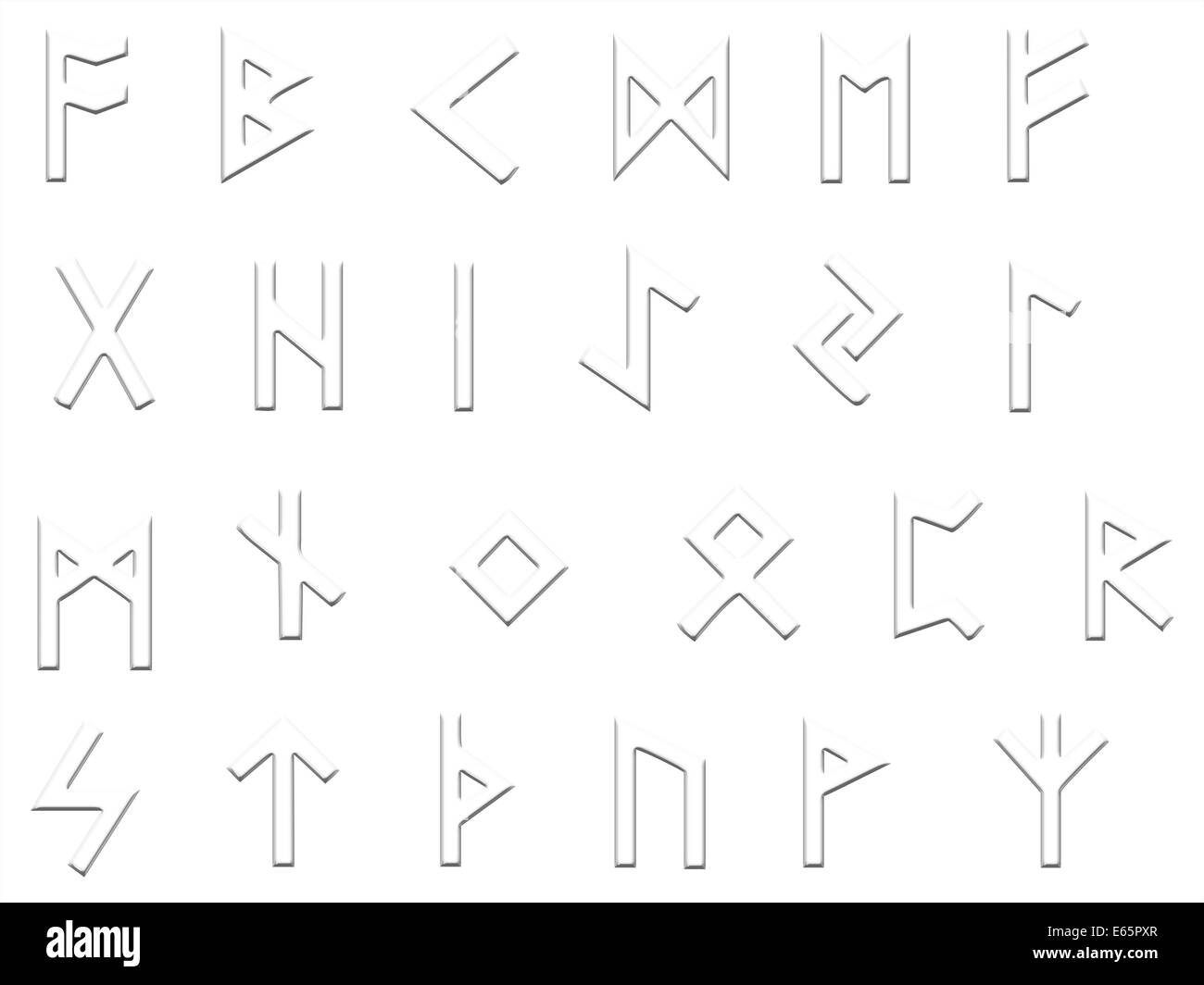 Set of runes, the old germanic futhark on white and finished to look ...