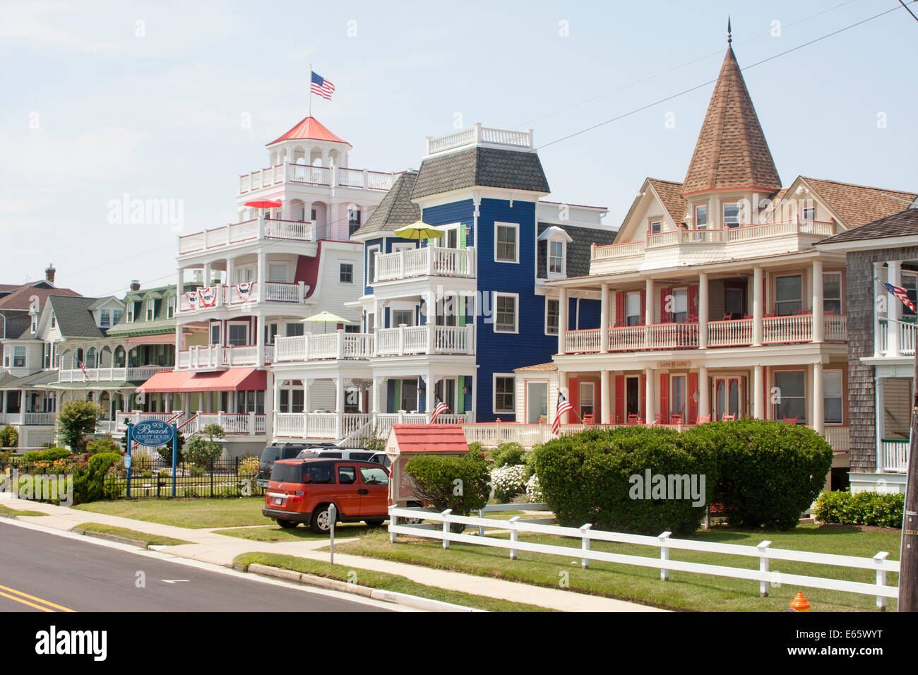 Colorful Victorian buildings line Beach Avenue in Cape May, New Jersey ...
