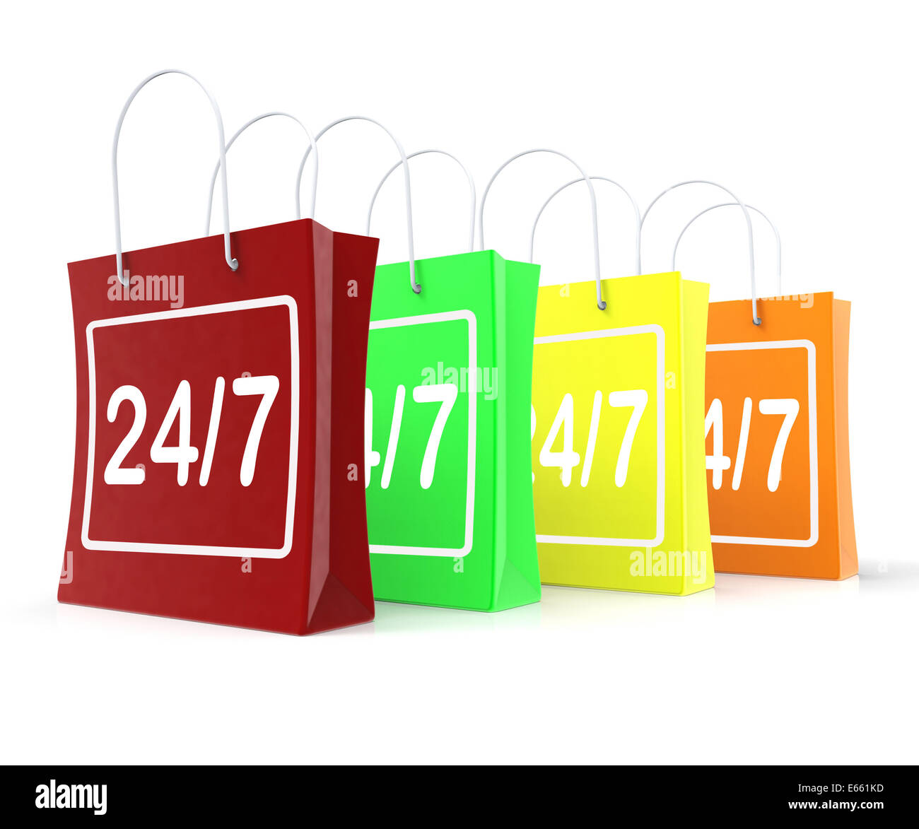 Twenty Four Seven Shopping Bags Showing Open 24/7 Stock Photo - Alamy