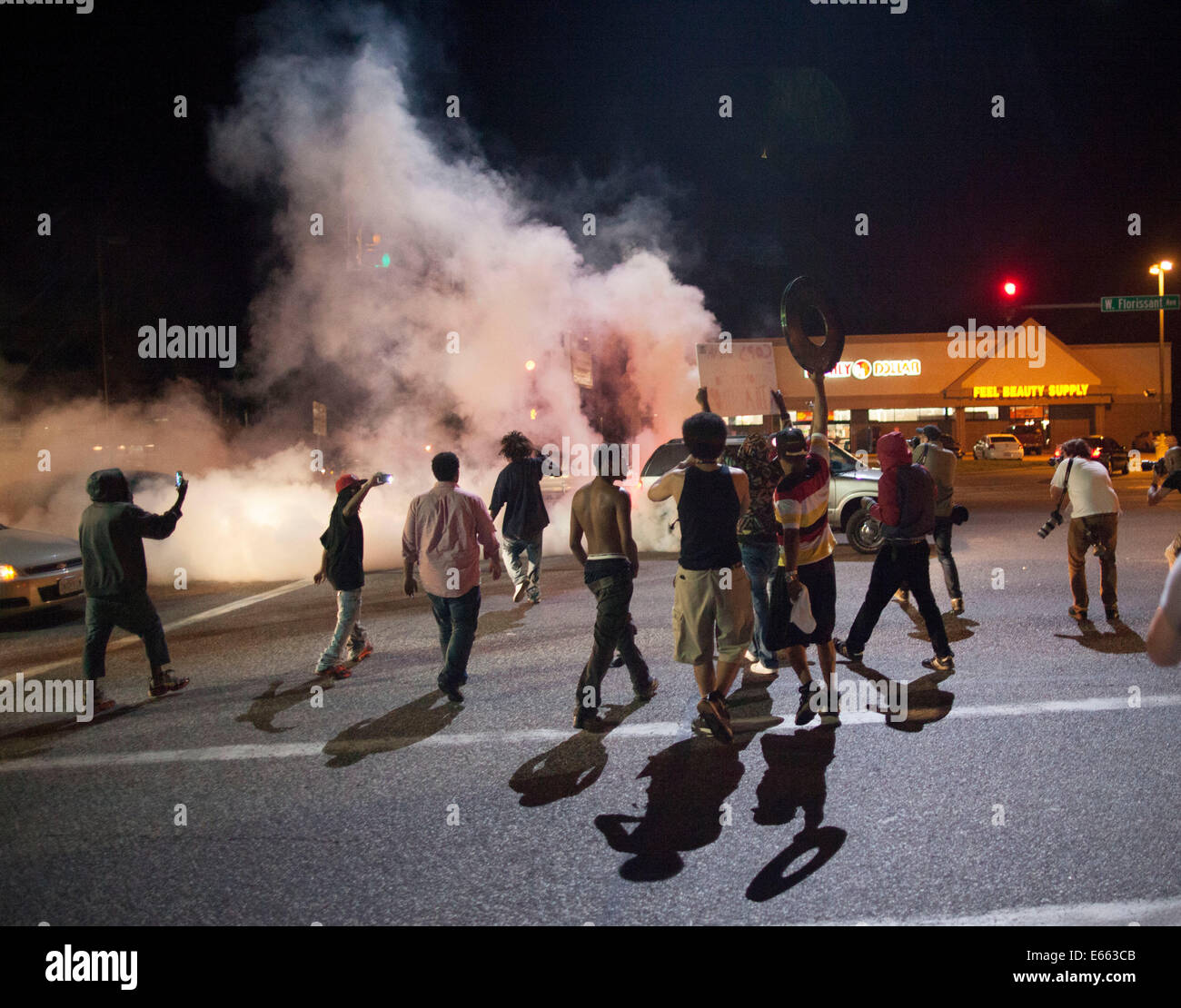 Ferguson, Aug. 15. 9th Aug, 2014. Protesters shout slogans during a ...
