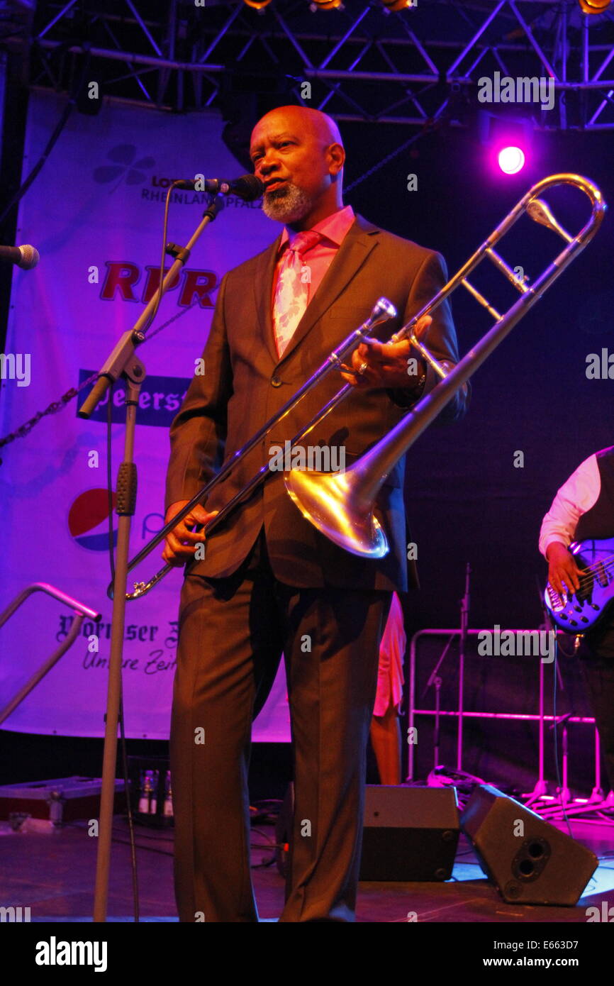 Worms, Germany. 15th August 2014. Trombonist Greg Boyer is pictured ...