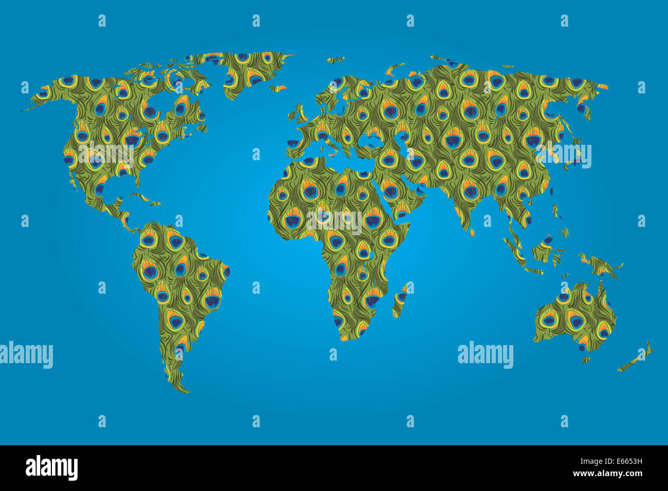 Map of the world filled with a Peacock pattern Stock Photo - Alamy