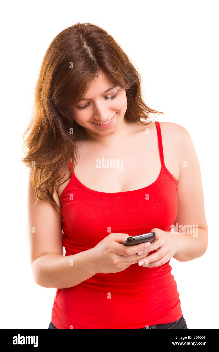 Young beautiful woman on the phone, isolated over a white background ...