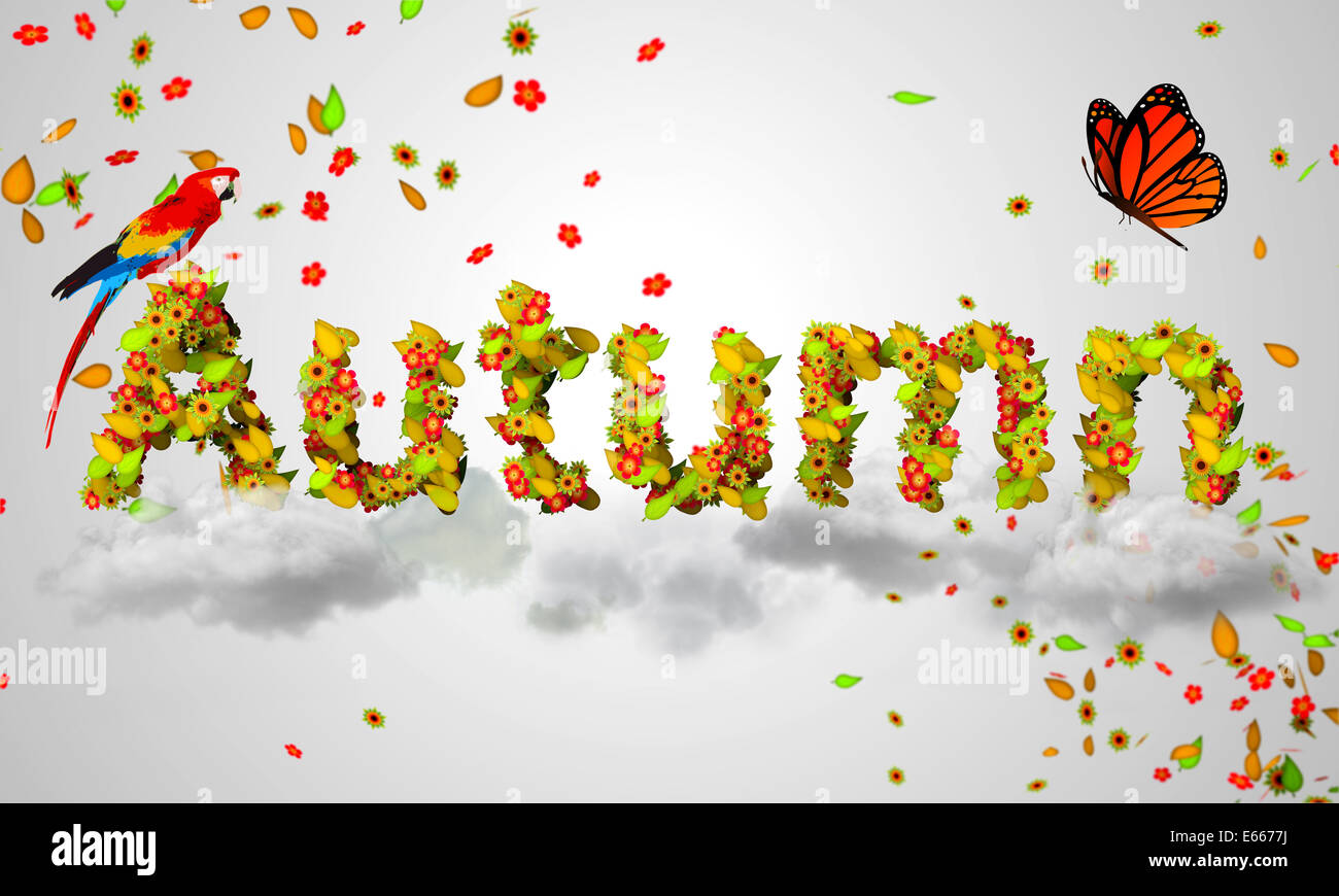 Autumn leaves particles 3D Season Art Text Sky Stock Photo - Alamy