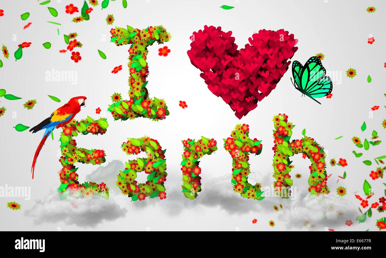 I love Earth leaves particles 3D Nature Art Text Stock Photo - Alamy