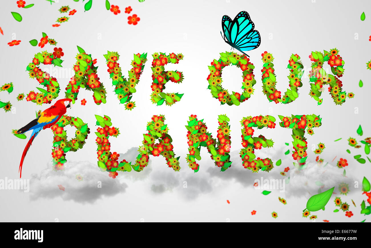 Save Our Planet leaves particles 3D Nature Art Sky Stock Photo - Alamy