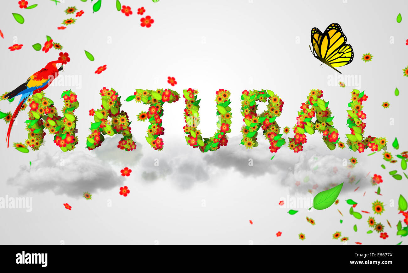 Natural leaves particles 3D Nature Art Text Sky Stock Photo - Alamy