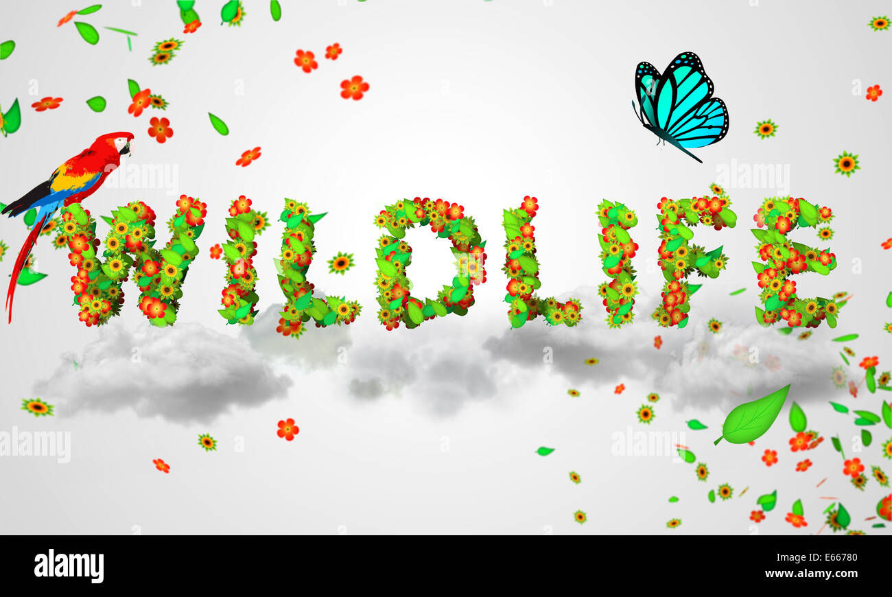 Wildlife leaves particles 3D Nature Art Text Stock Photo - Alamy