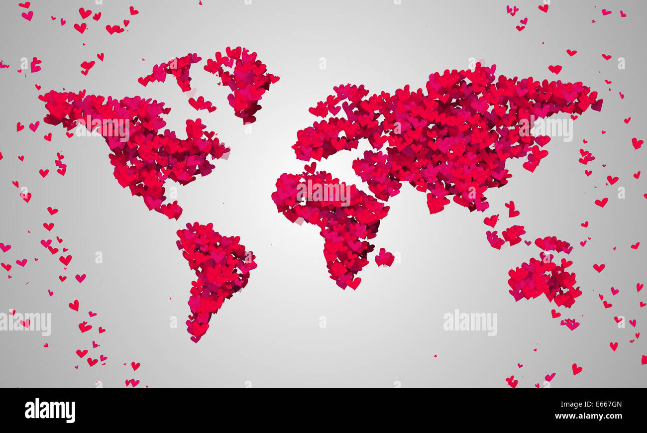 World Map Red Love Shape Particles 3D Art Stock Photo - Alamy