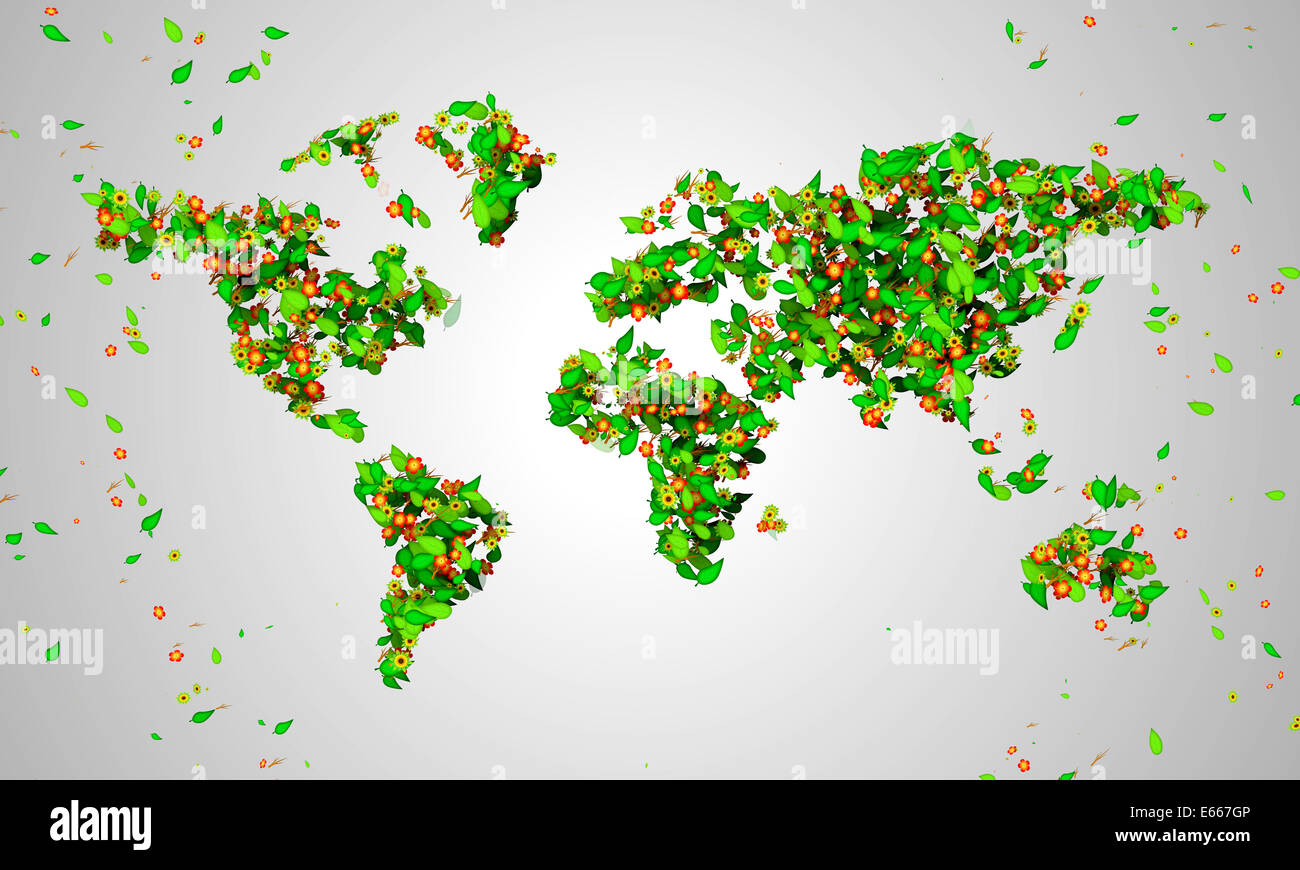 World Map leaves particles 3D Green Stock Photo - Alamy