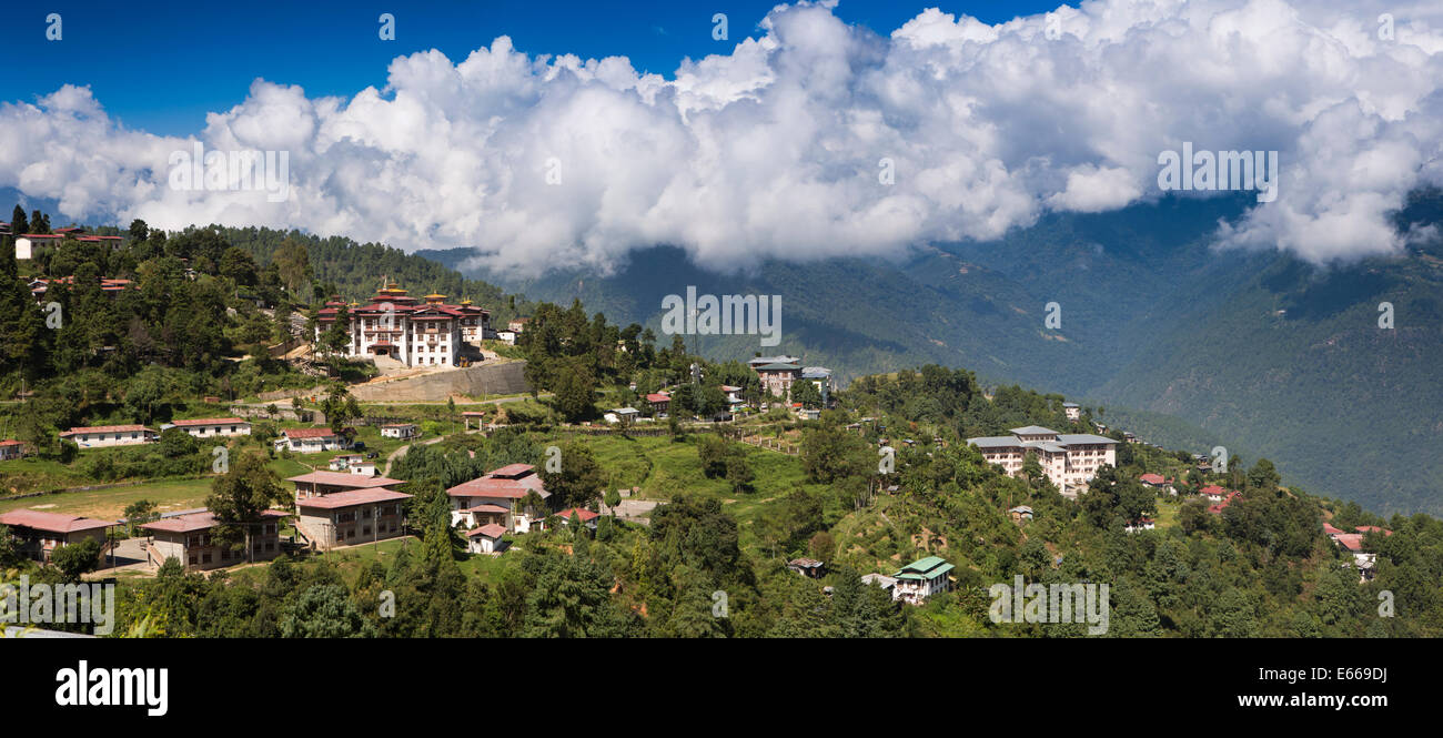 Eastern Bhutan, Mongar, panoramic view across town to Dzong with cloud ...