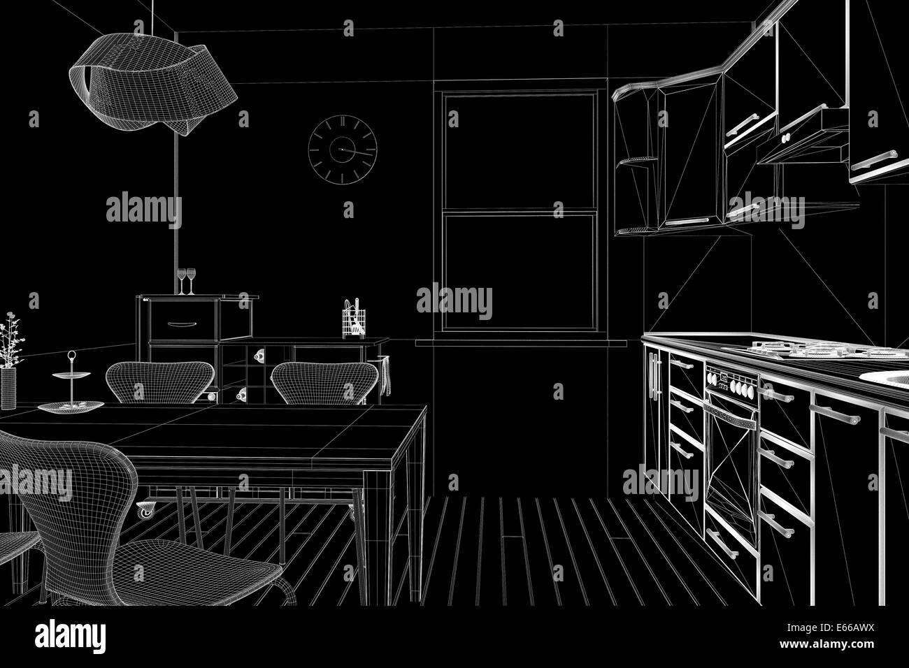 3D render of a kitchen in wireframe view Stock Photo - Alamy