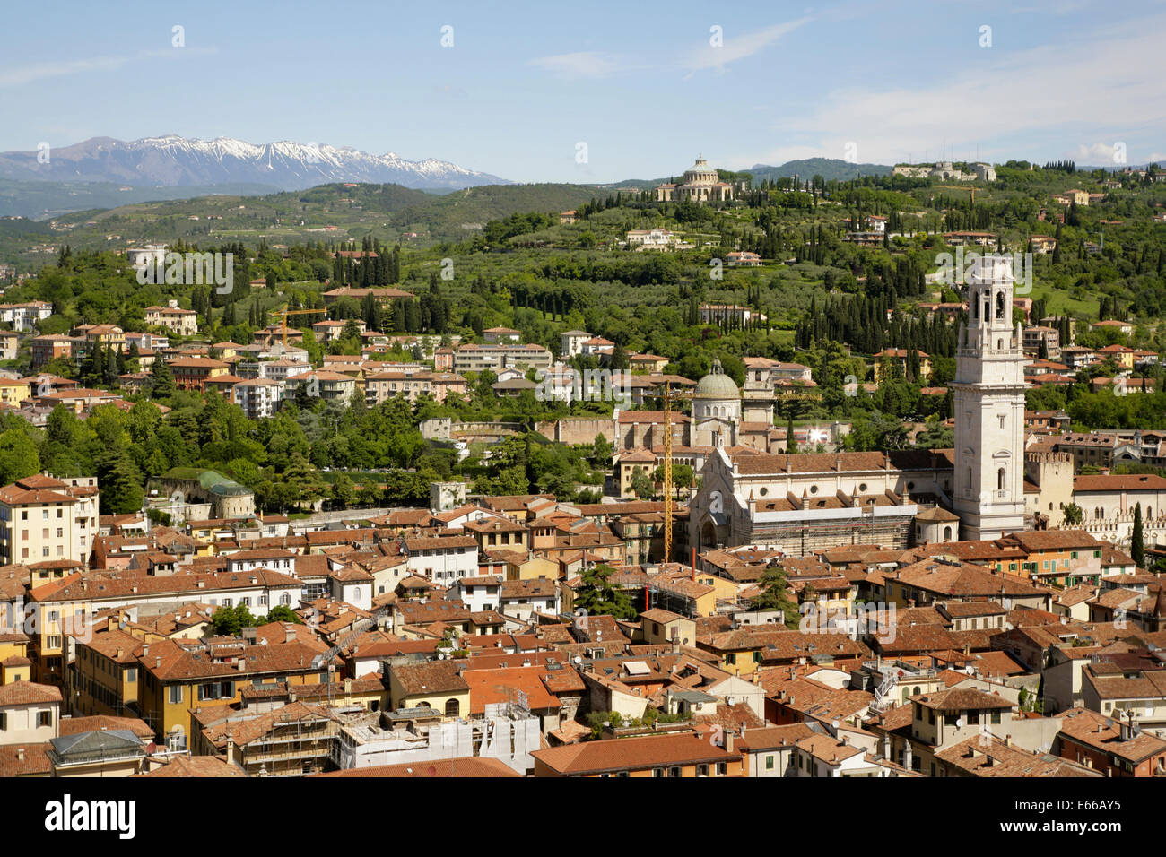 View across Verona, Italy, with the Alps in the distance and the Duomo ...