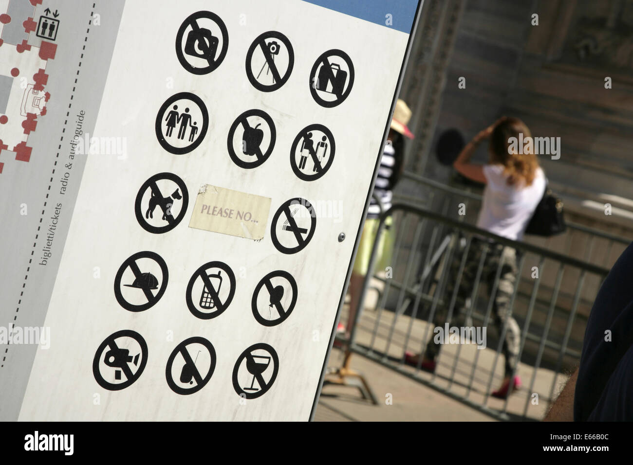 Sign outside the Duomo or cathedral, Milan, Italy indicating numerous ...
