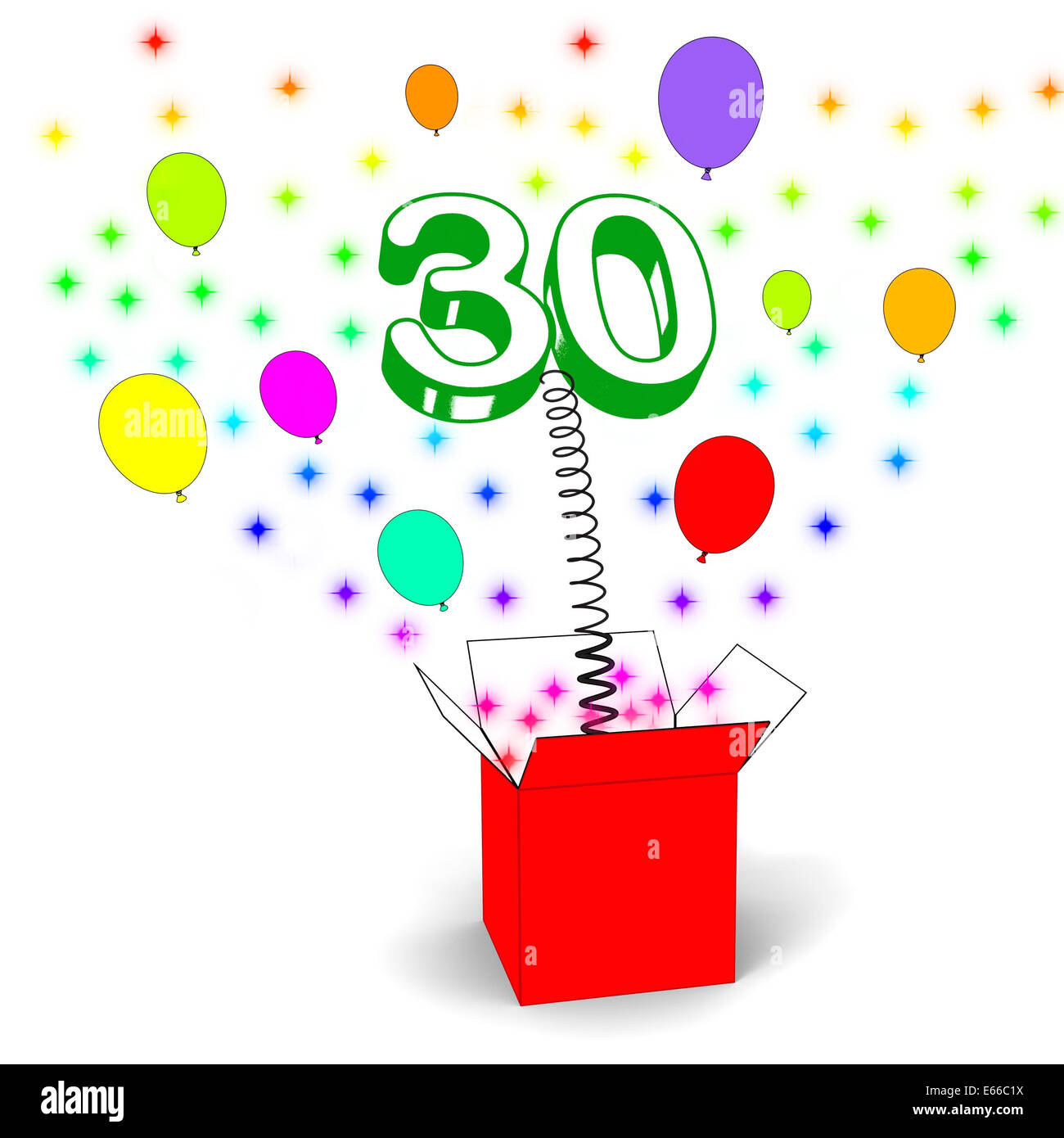 Number Thirty Surprise Box Showing Sparks And Balloons Explosion Stock ...