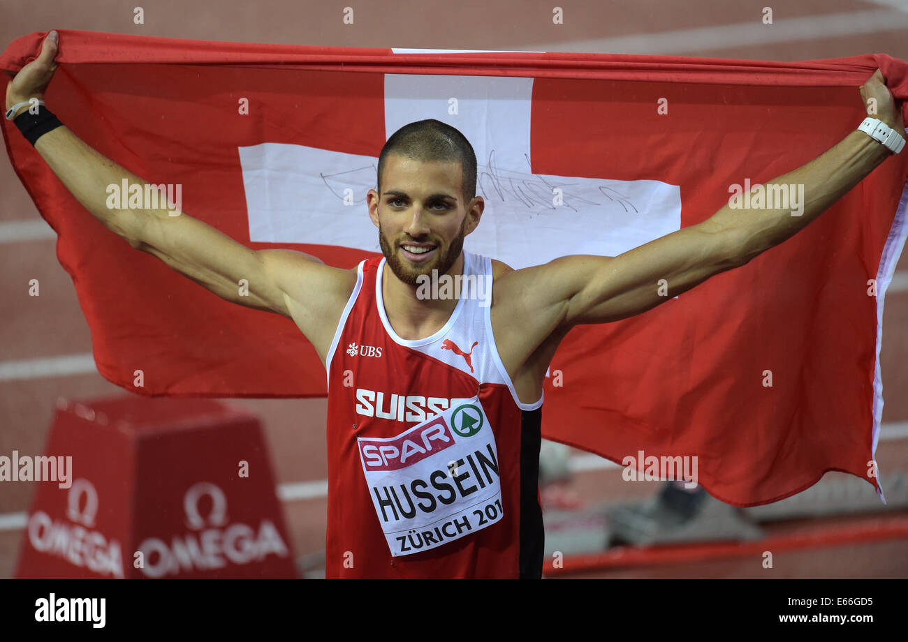 Zurich, Switzerland. 15th Aug, 2014. Winner Kariem Hussein of Switzerland poses with the Swiss ...