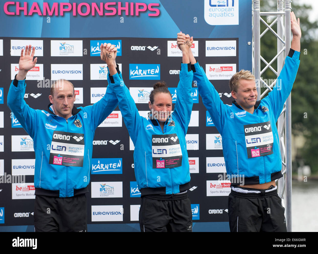 Berlin, Germany. 16th Aug, 2014. Isabelle Haerle (C), Rob Muffels and ...
