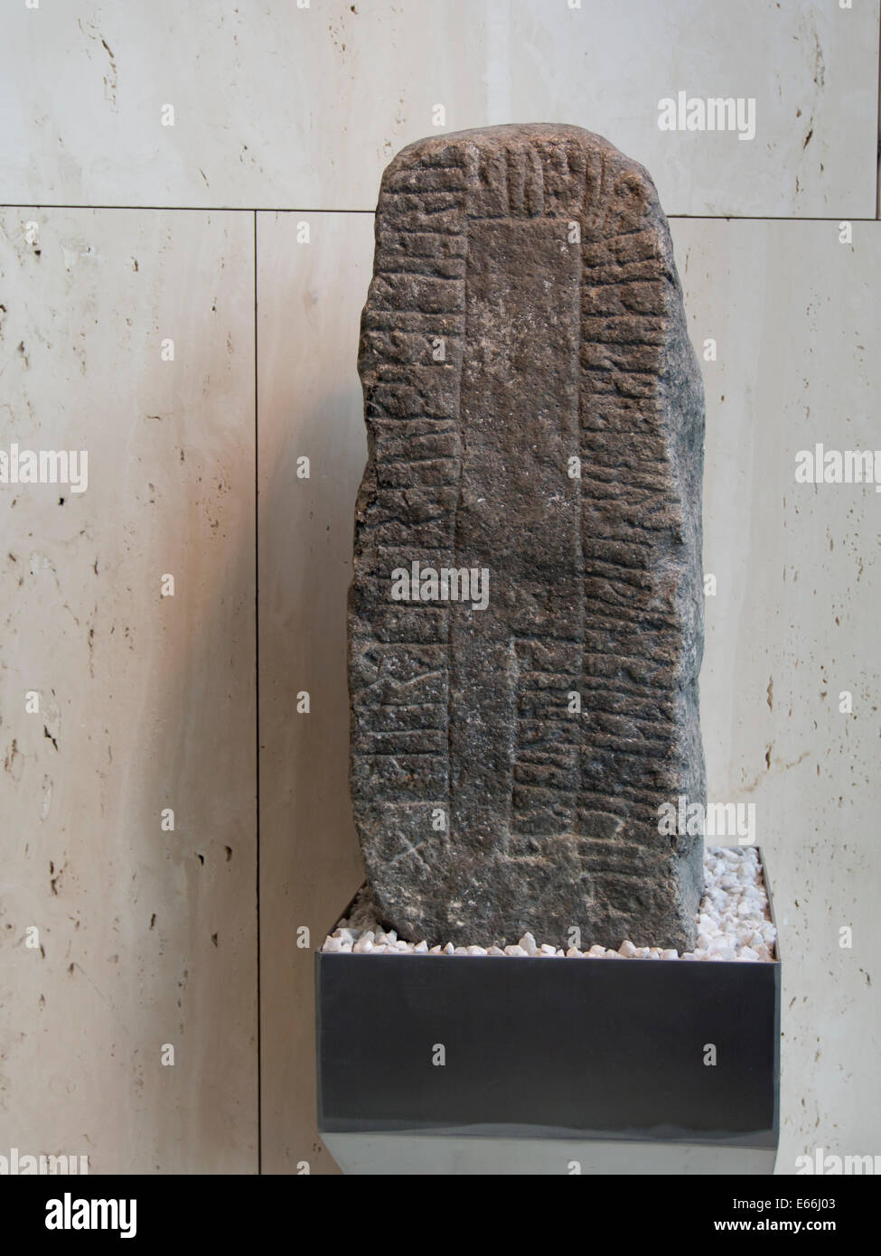 Runestone, a runic inscription on display at the entrance to the ...