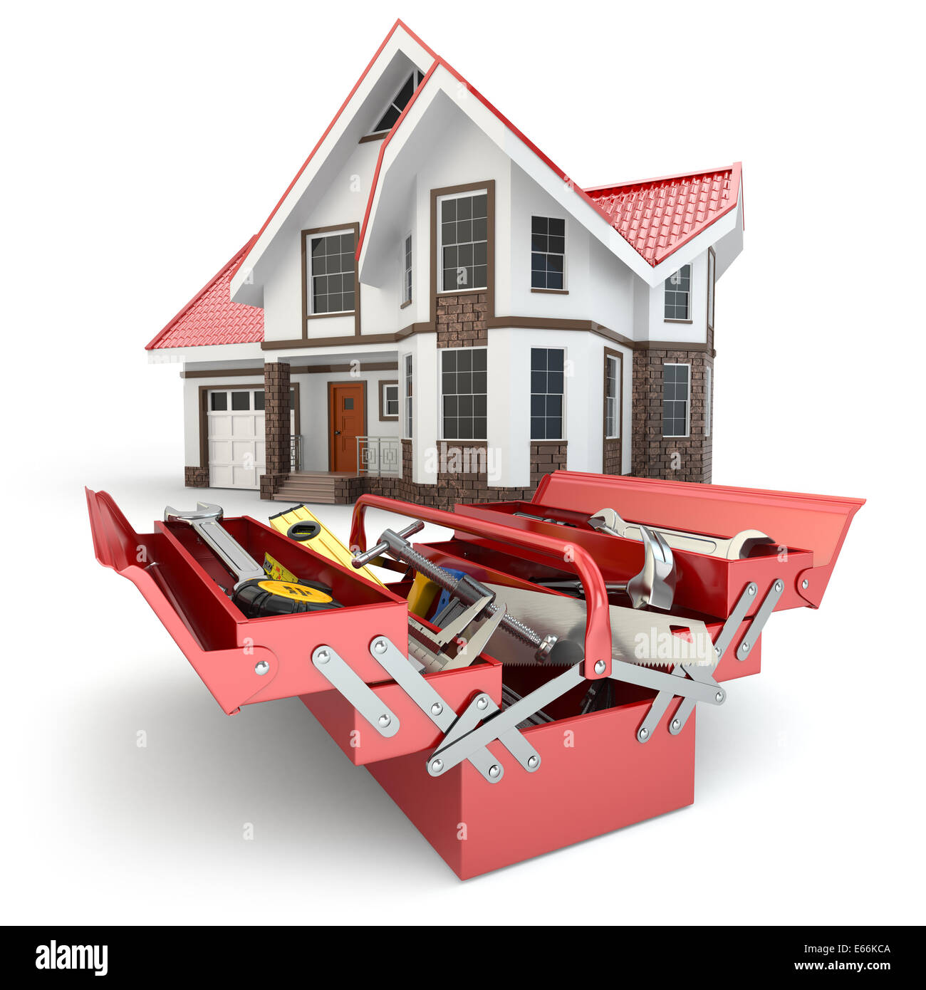 Construction and repair concept. Toolbox with tools and house, 3d Stock ...