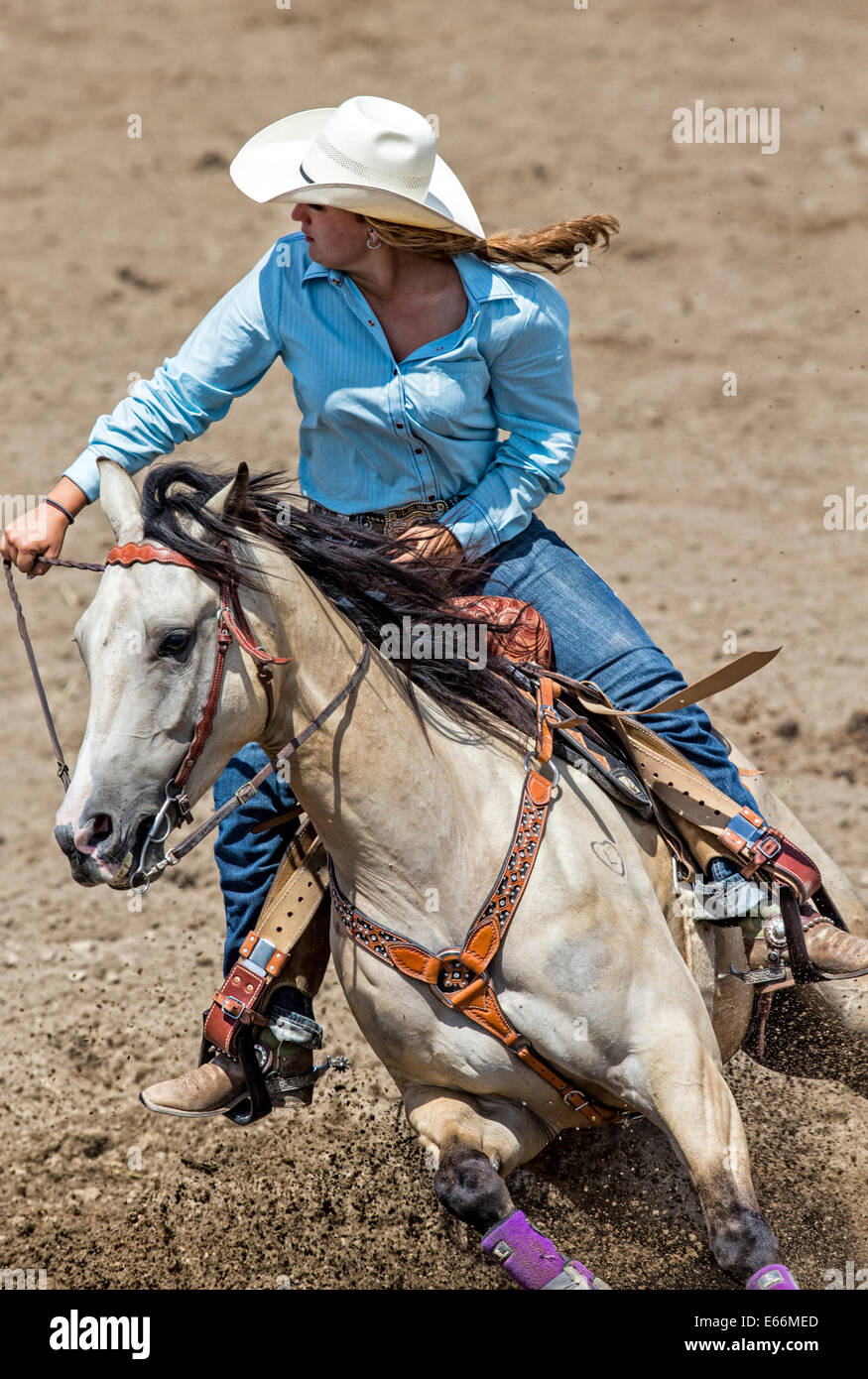 Cowgirl on horseback riding in the ladies barrel racing event, Chaffee ...