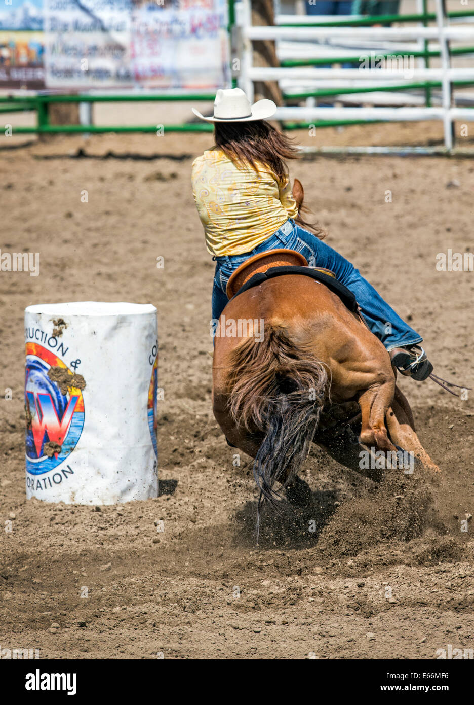 Cowgirl on horseback riding in the ladies barrel racing event, Chaffee ...