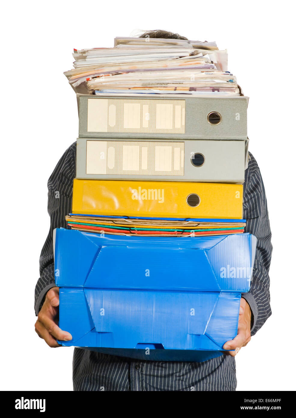 A clerk carrying a huge stack of boxes, folders, binders and papers ...