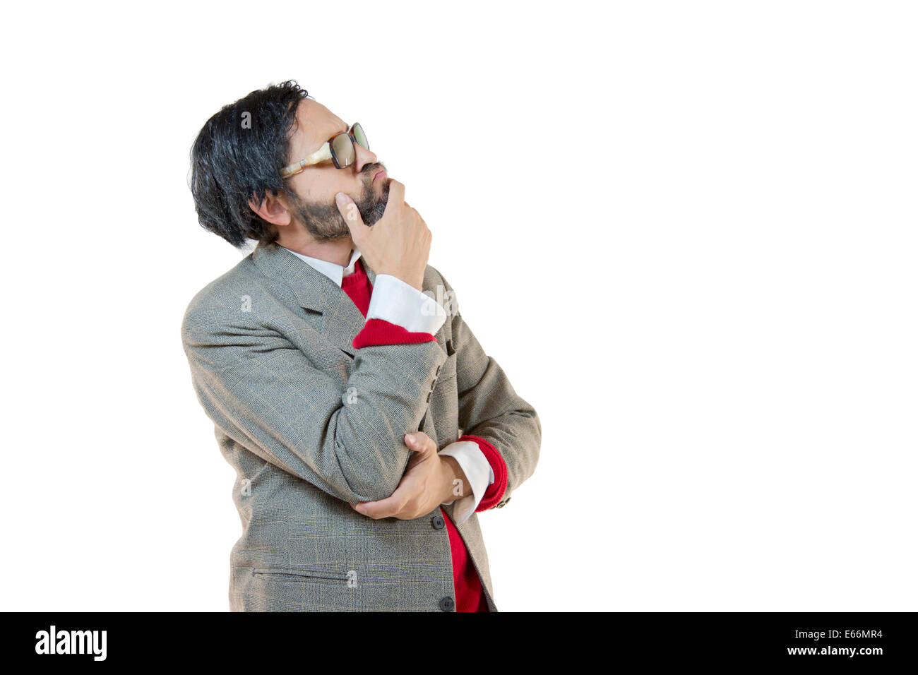 Thinking Good-for-Nothing man, looking above, evaluating, isolated over ...