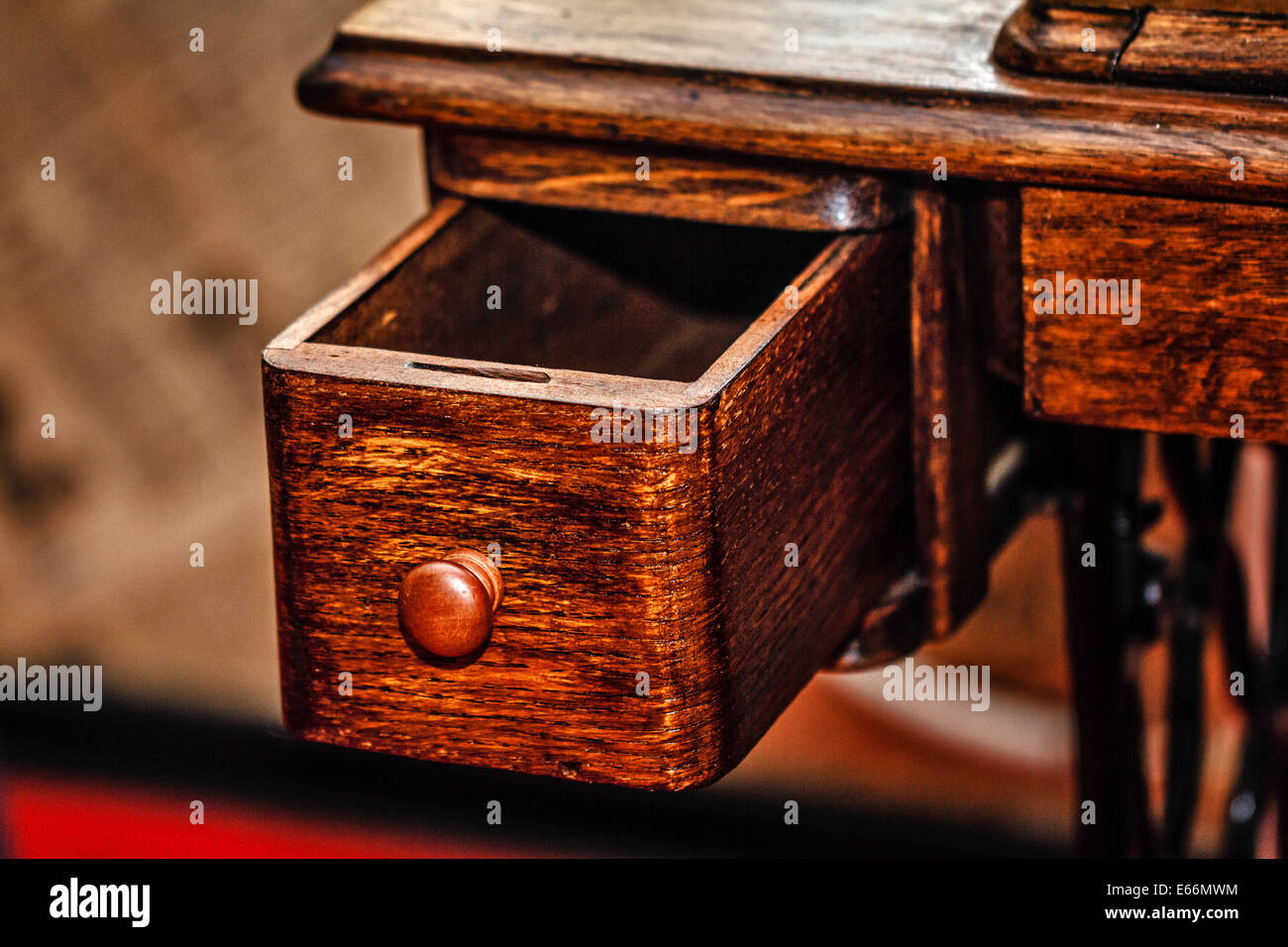 Retractable drawer is pulled out. Vintage oak table closeup shot Stock ...