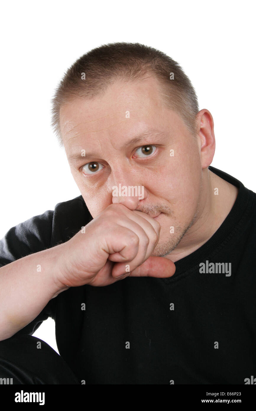 Man looking at camera closeup isolated over white background Stock ...