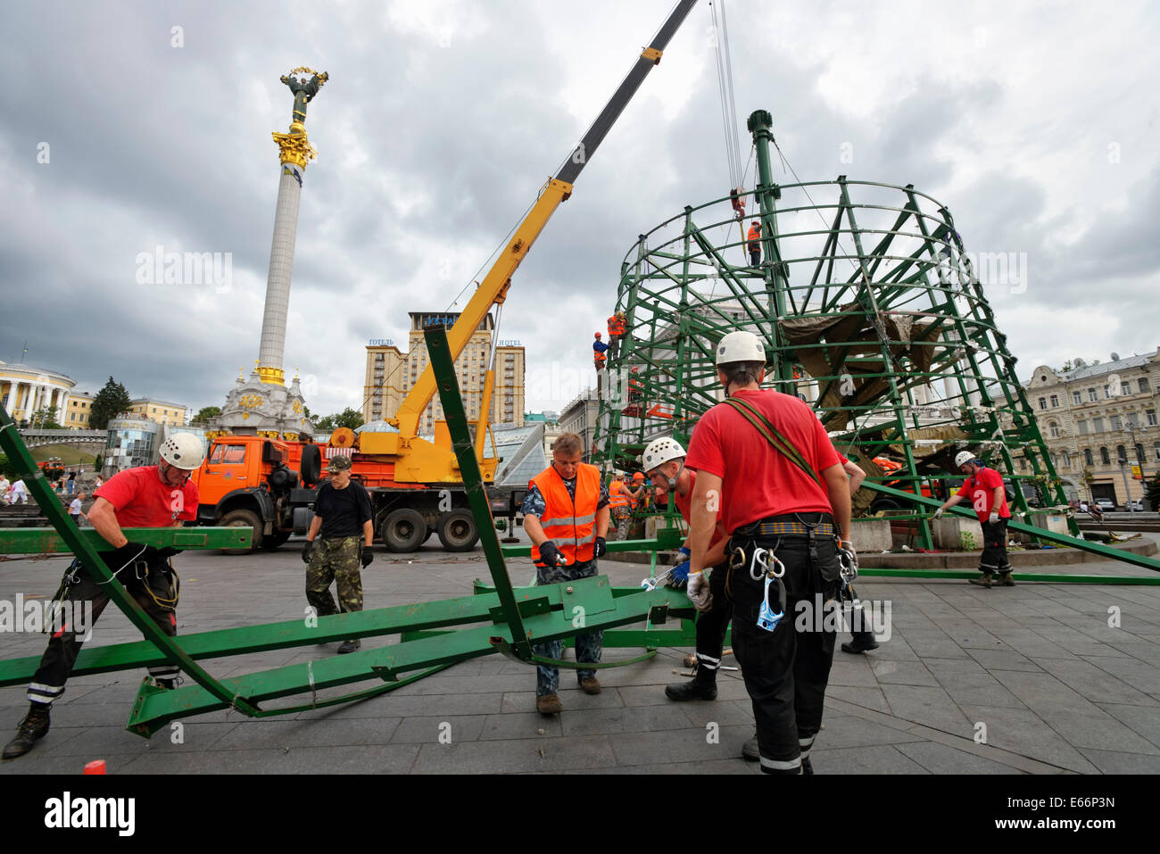 Kiev, Ukraine. 15 Aug 2014. "Yolka" dismantled on Maidan in Kiev ...