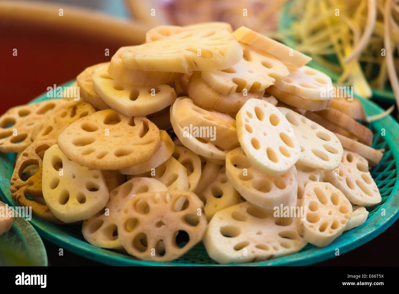 Lotus root slices prepared for Thanks Giving at Pusan market, South ...