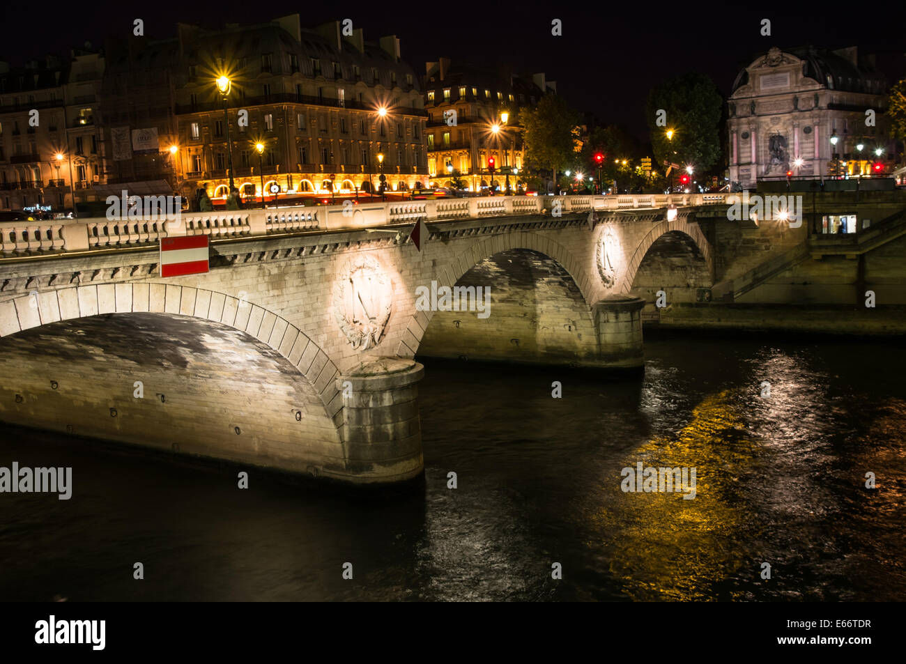 The Pont Saint-Michel, bridge over river Seine at night, Paris, France ...
