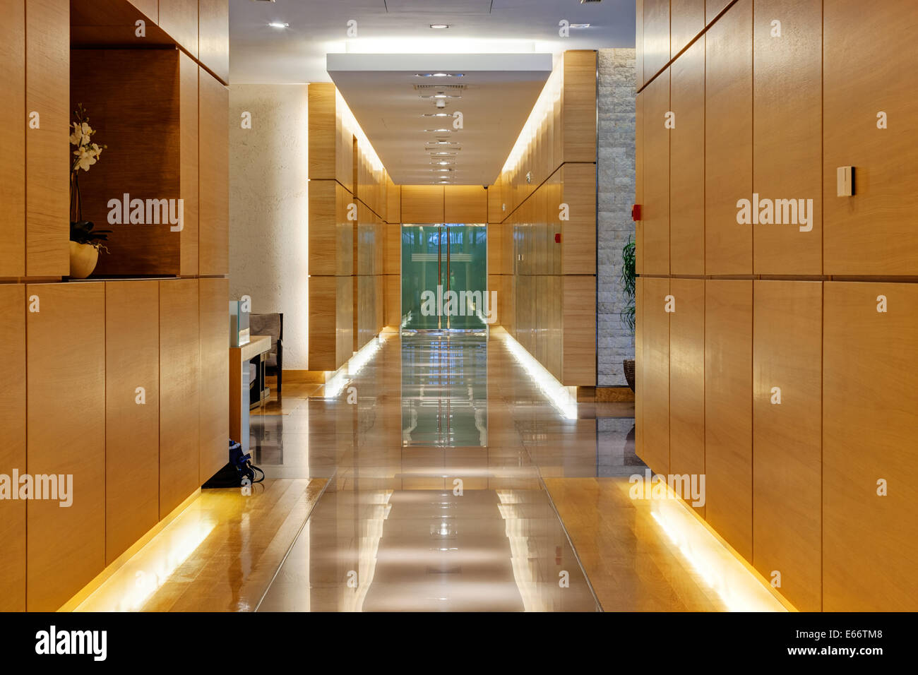 Corridor inside of modern building with wooden panels on walls Stock ...