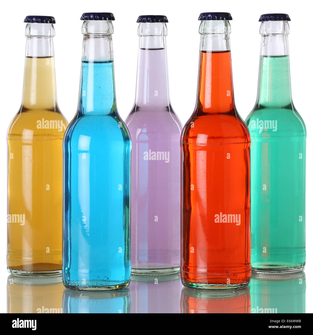 Colorful soda drinks, lemonades and soft drinks in bottles with ...