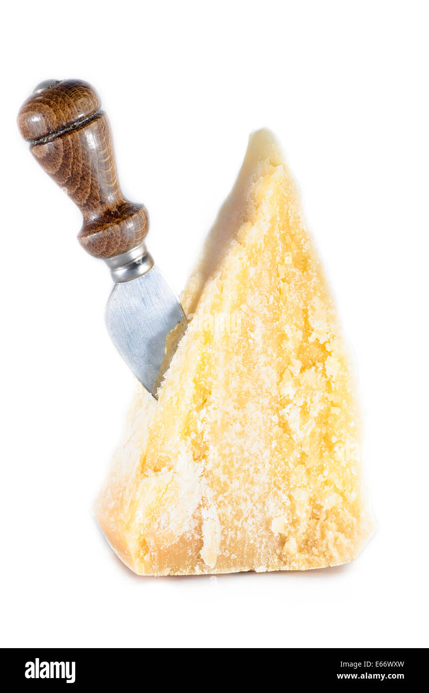 Italian cow cheese slice isolated on white and a knife Stock Photo - Alamy