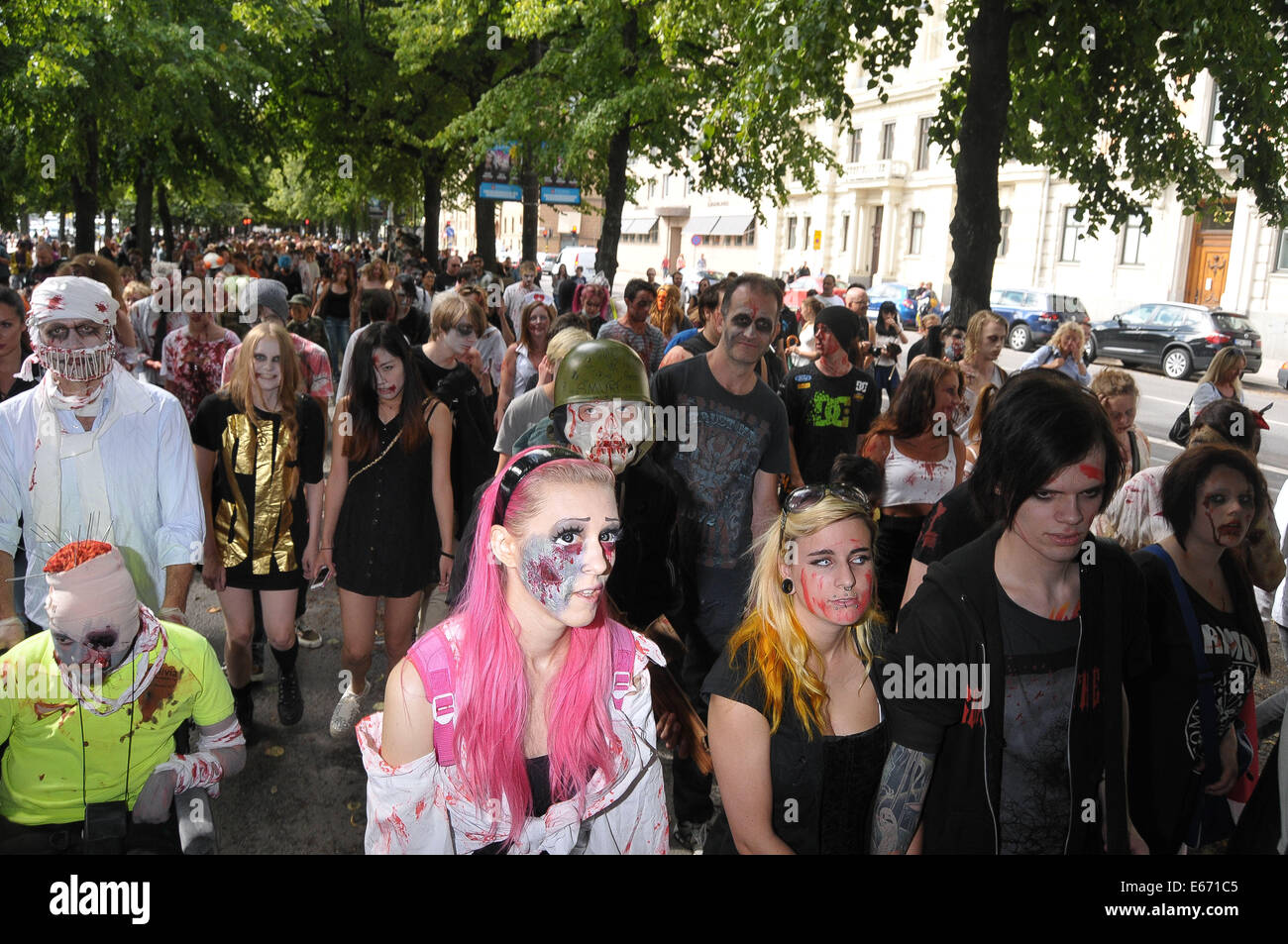 Stockholm. 16th Aug, 2014. People dressed as zombies take part in a ...