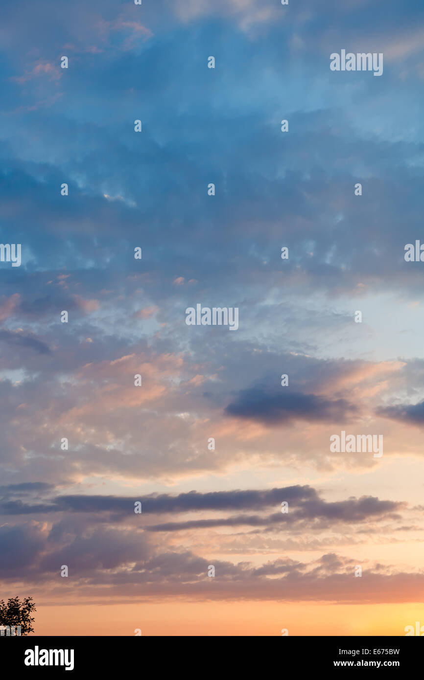 last yellow sun light in blue sky at summer sunset Stock Photo - Alamy