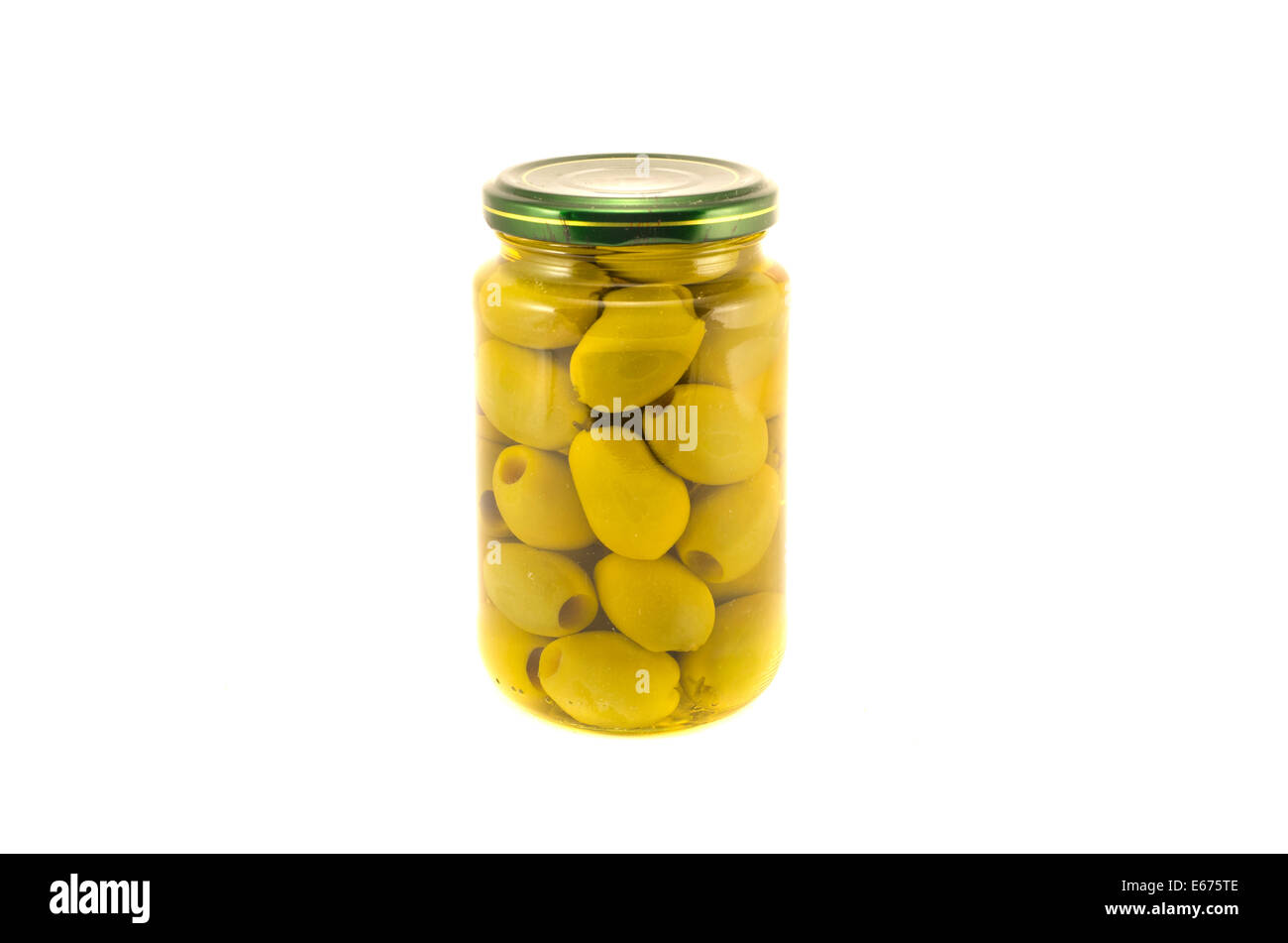 Green olives glass jar isolated on white background Stock Photo - Alamy