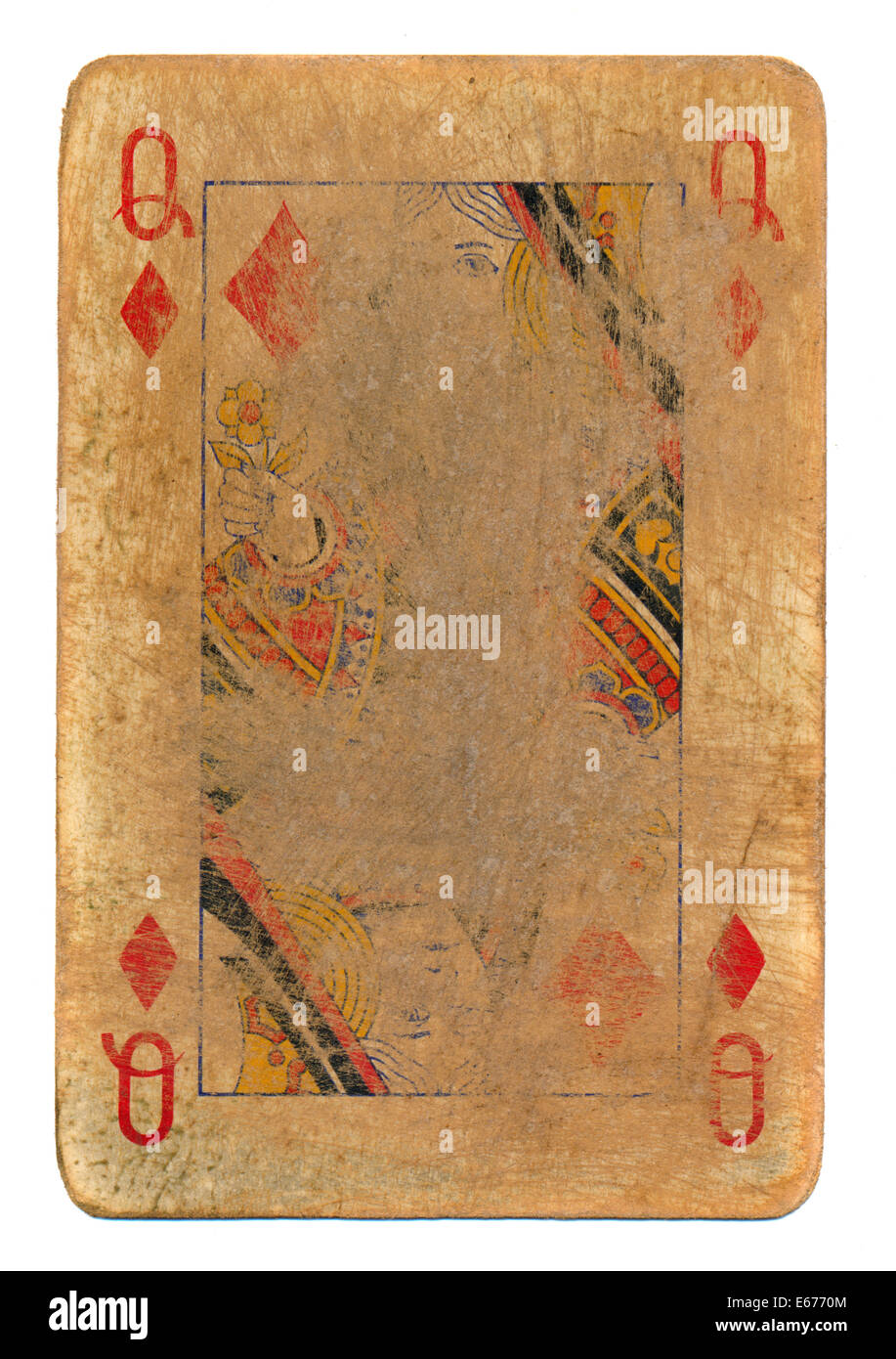 ancient used rubbed playing card queen of diamonds paper background ...