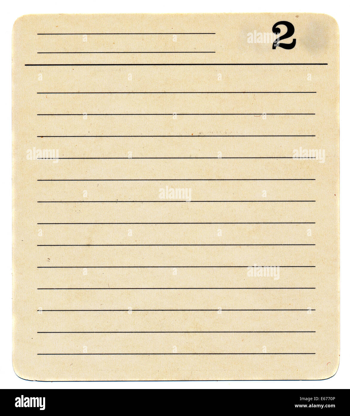 isolated ancient used index card paper with lines background number two ...