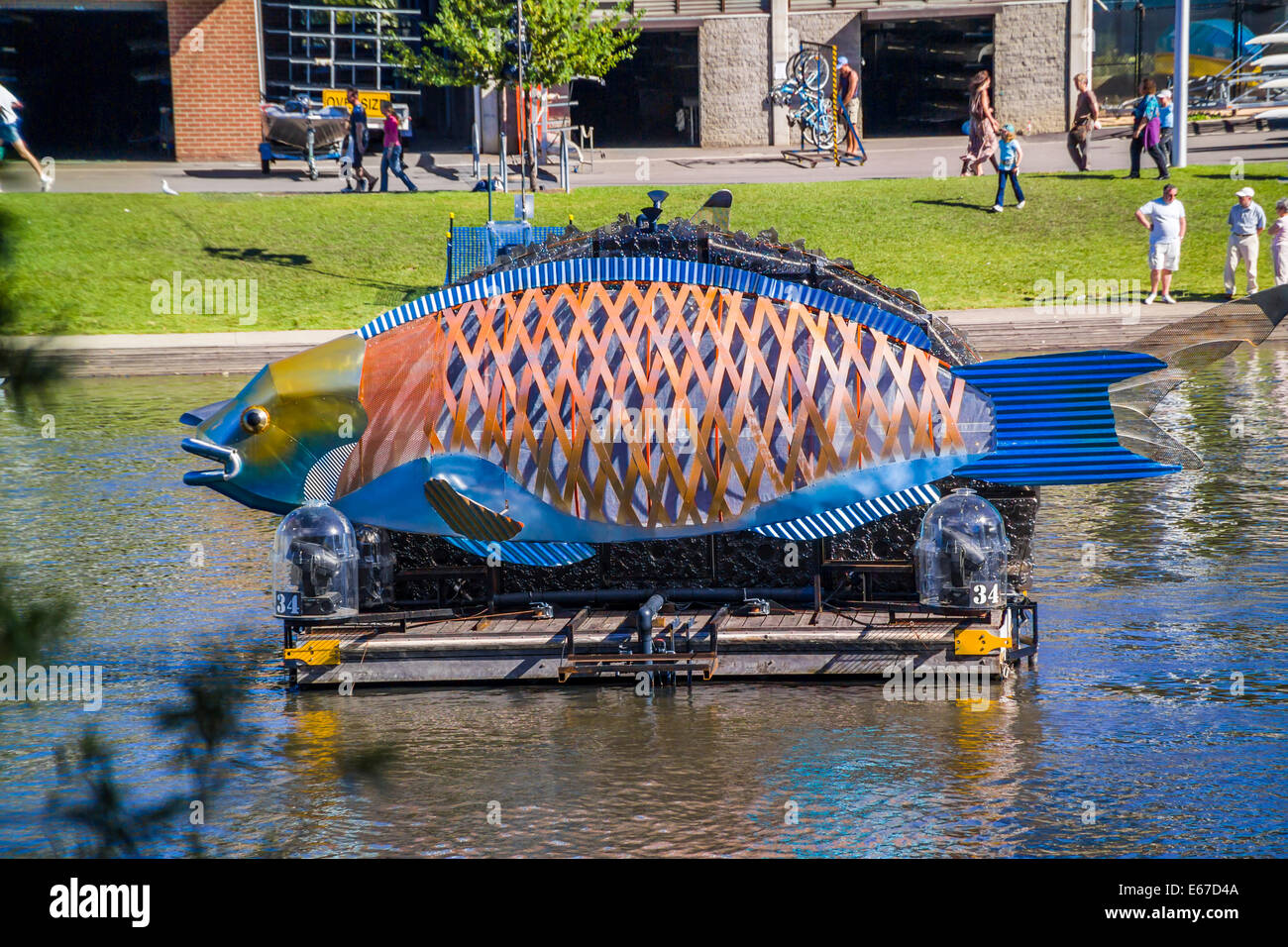 Blue and red Fish Pontoon sculpture during the Commonwealth Games in ...